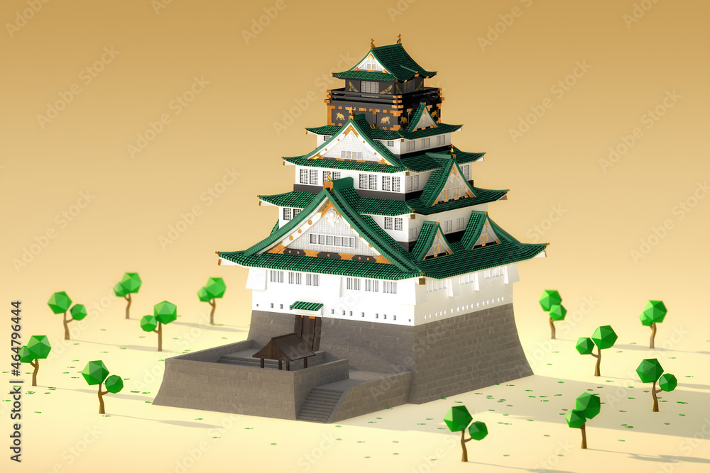 Isometric model of Osaka Castle in summer at evening, 3D rendering ...