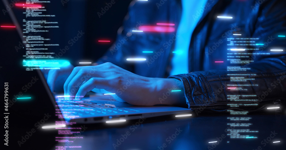 Business man using computer hand close up futuristic cyber space and ...