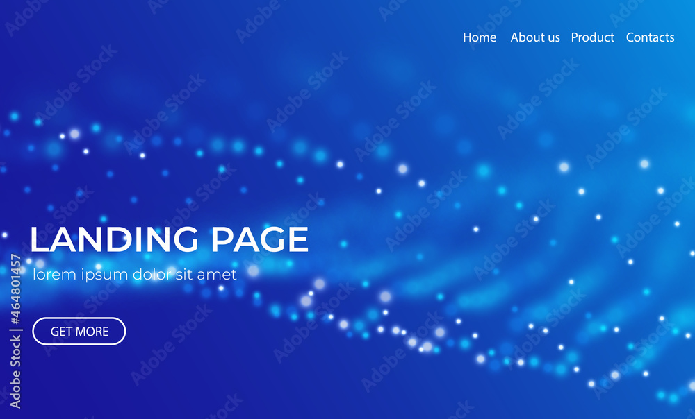 Abstract landing page background with blue particles. Flow wave with ...