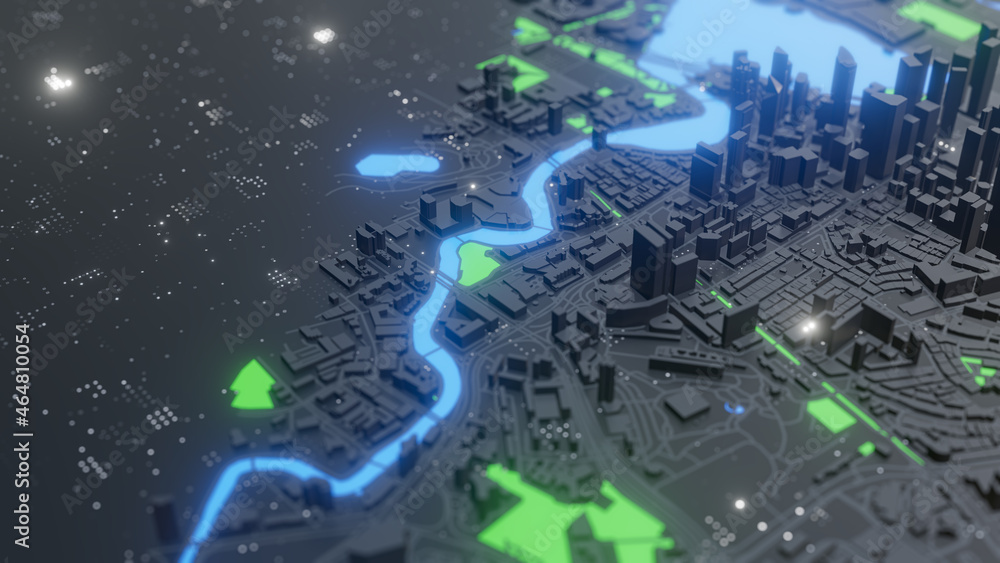 Abstract neon glowing Smart city with buildings and streets Stock ...
