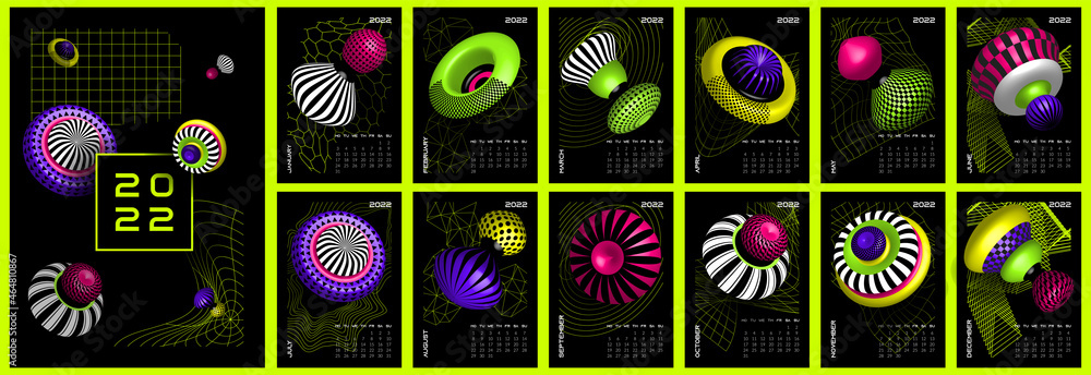 2022 calendar with 3D realistic vector shapes. Volumetric bright toys ...