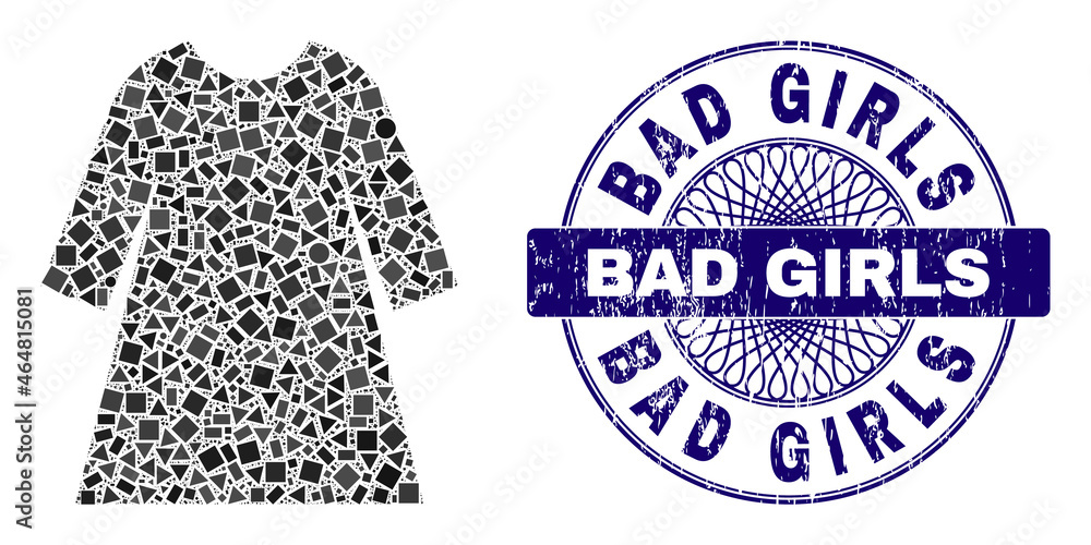 Geometric collage woman dress, and Bad Girls scratched stamp. Violet ...