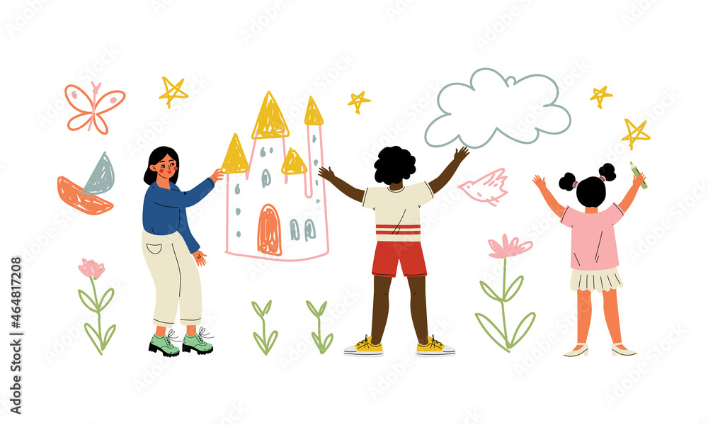 Funny Children Drawing on the Wall with Crayons Vector Set Stock Vector ...