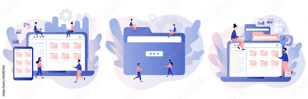 File management concept. Data storage. Folders, documents and media ...