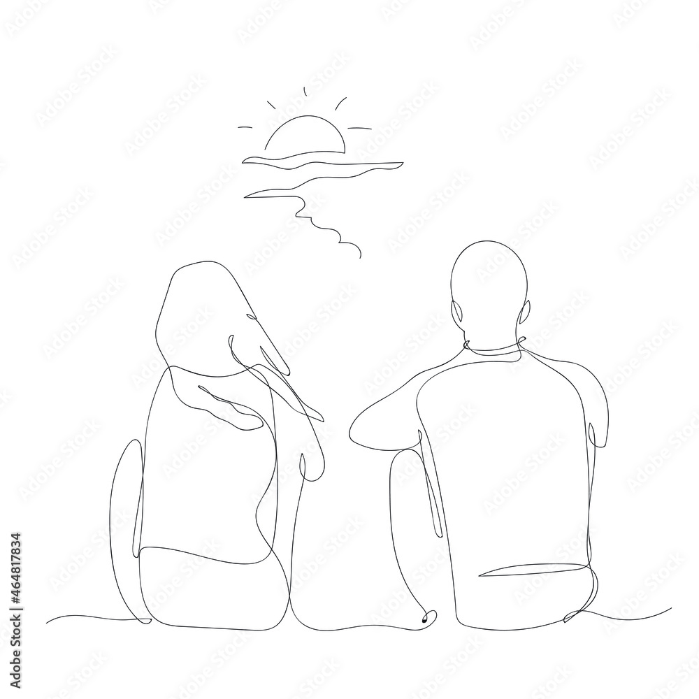Couple sitting and watching the sunset at the sea. Vector black line ...