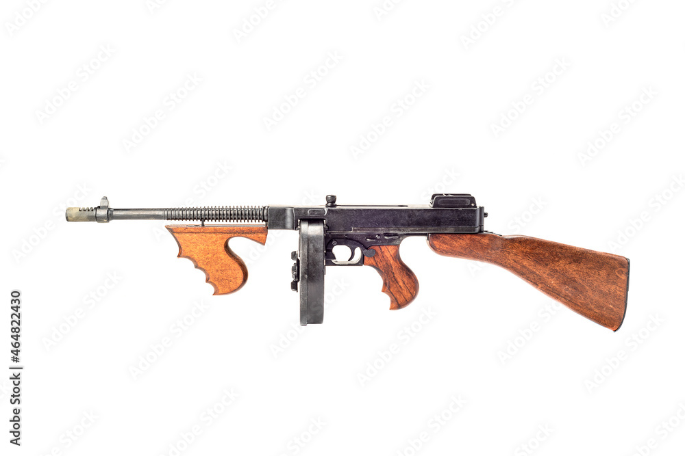 Old submachine gun of the Thompson system isolated on white background ...