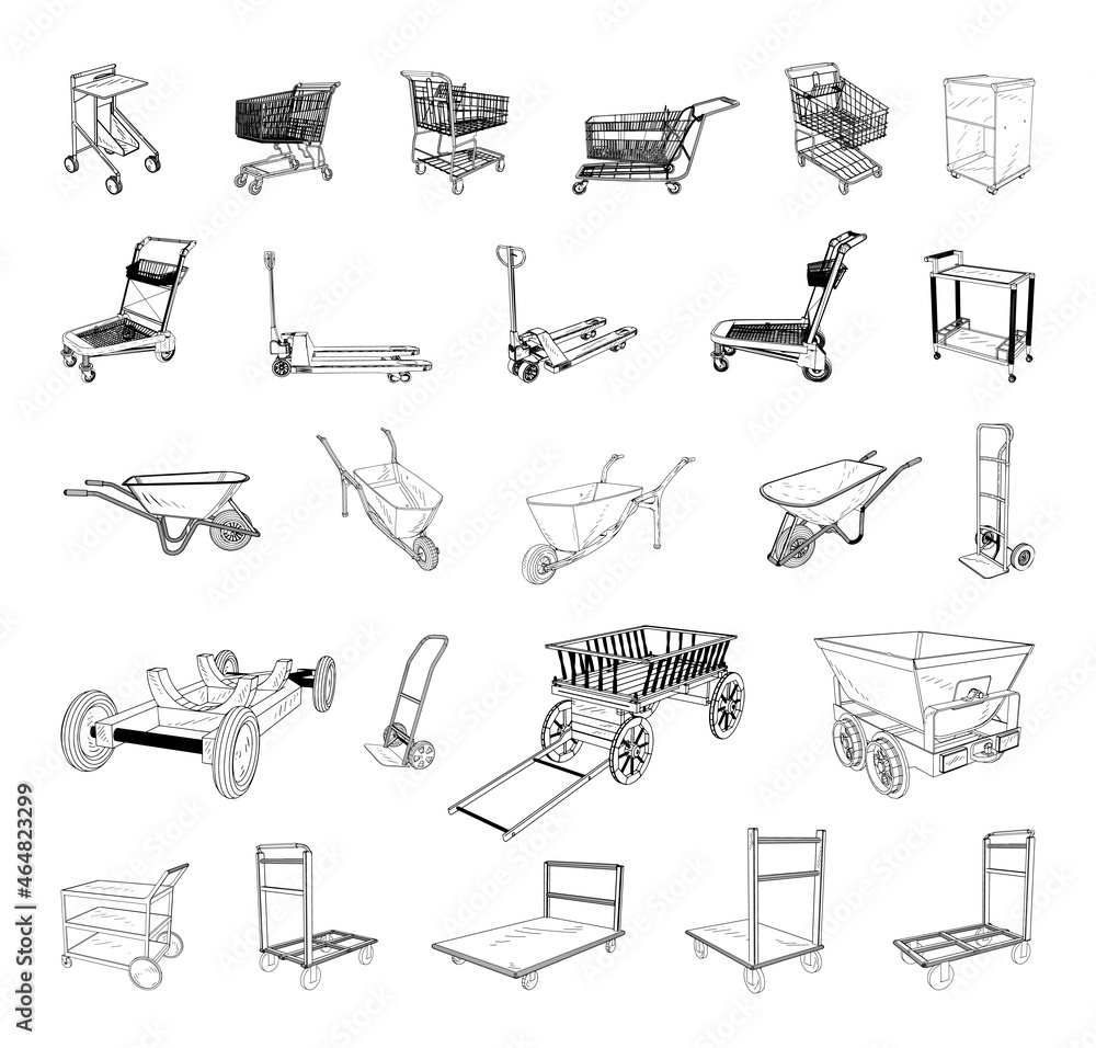 Collection of monochrome illustrations of carts in sketch style. Hand ...