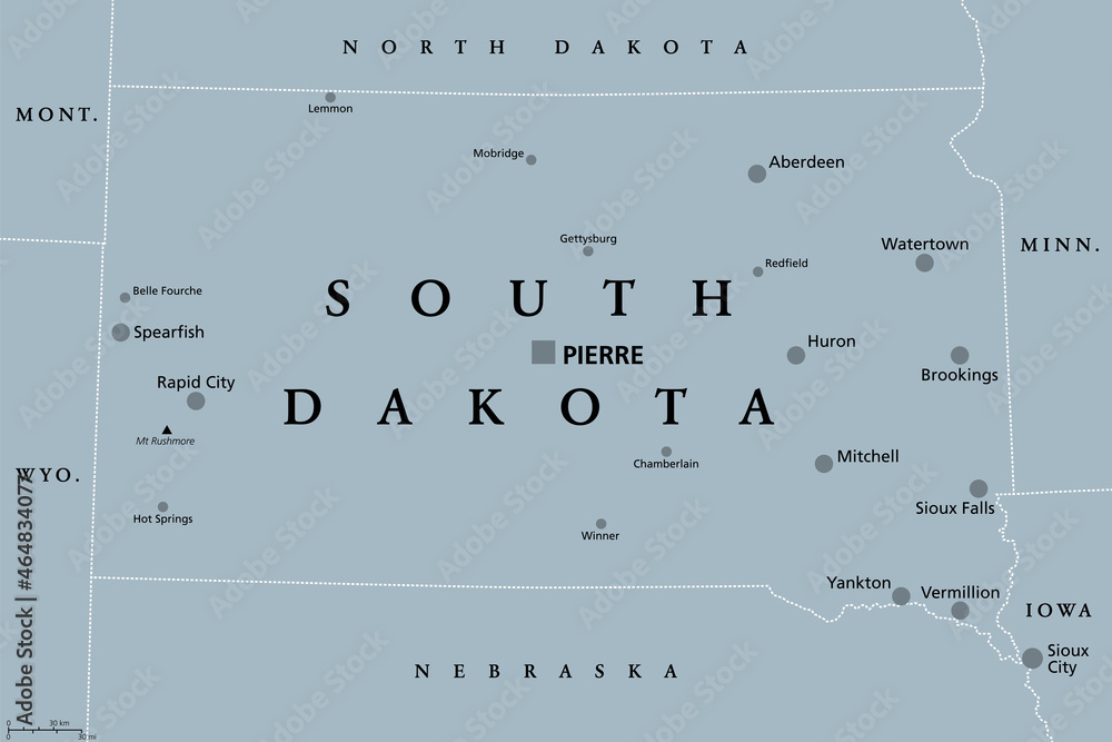 South Dakota, SD, gray political map, with capital Pierre, and largest ...