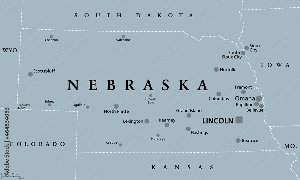 Vecteur Stock Nebraska, NE, gray political map with the capital Lincoln ...