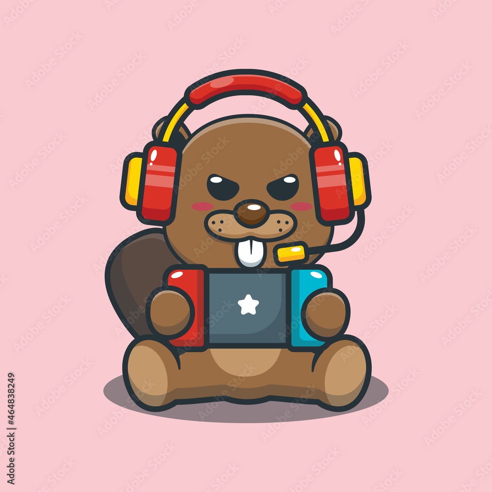 Cute beaver play a game. Cute animal cartoon illustration. Vector ...
