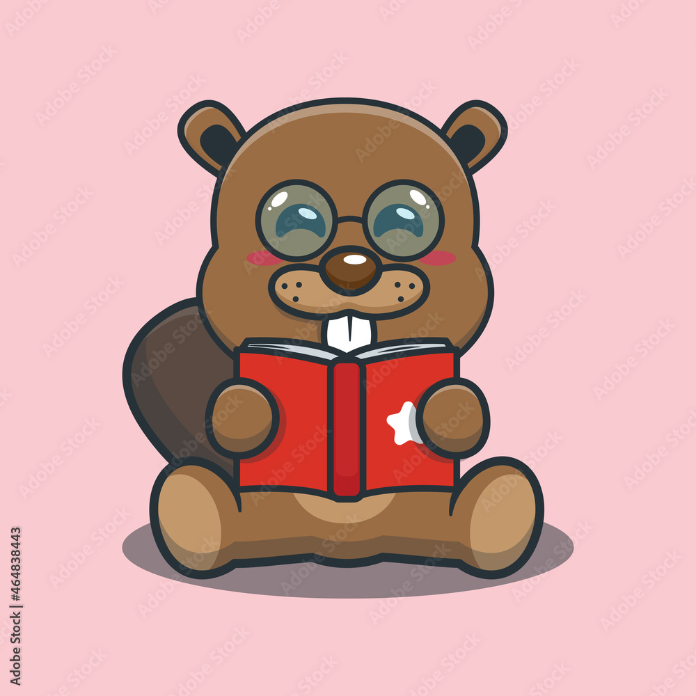 Cute beaver reading a book. Cute animal cartoon illustration. Vector ...