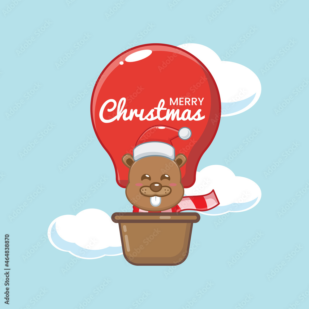 Cute beaver fly with air balloon. Cute animal christmas cartoon ...