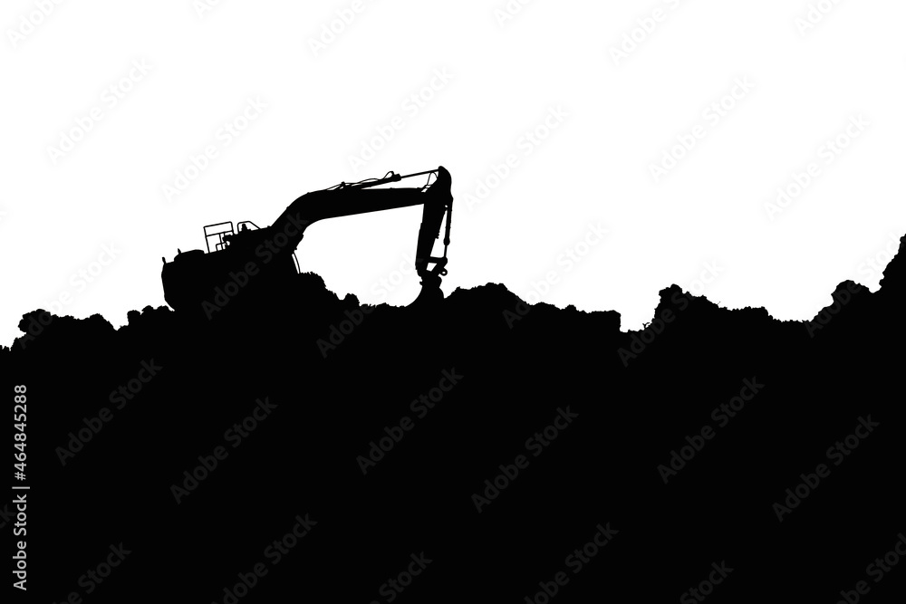 Excavators silhouette are digging the soil in the construction site on ...