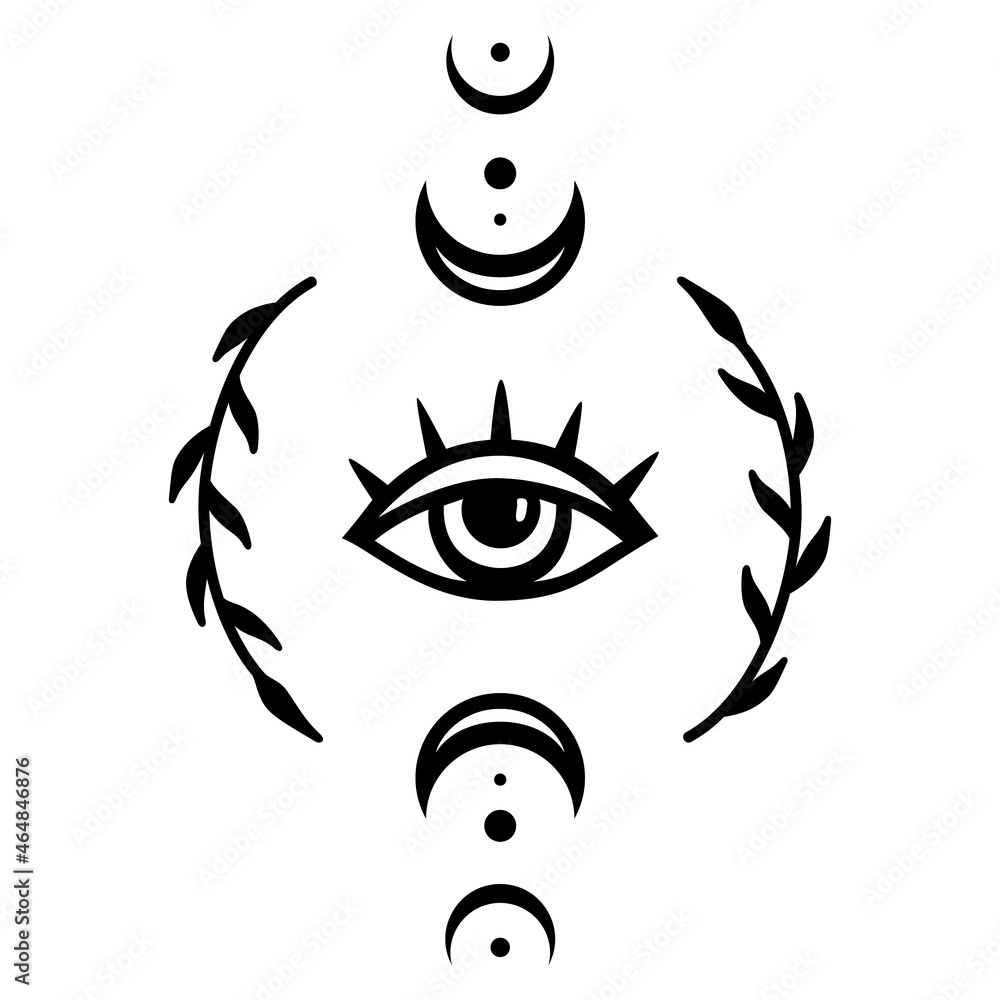 Mystical eye with moon phases. Vector silhouette design. Boho print ...