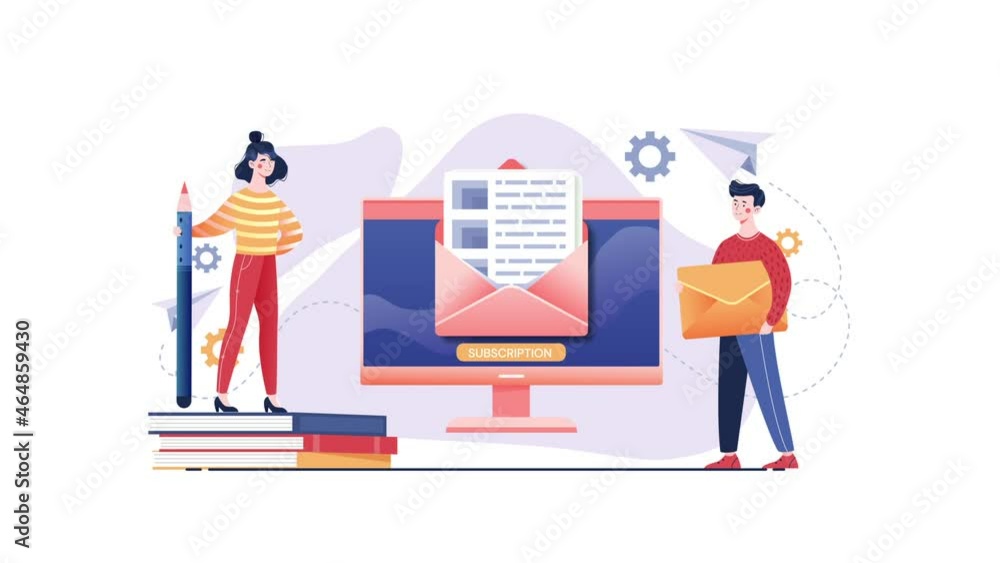 Postal service concept. Man and woman stand next to large computer ...