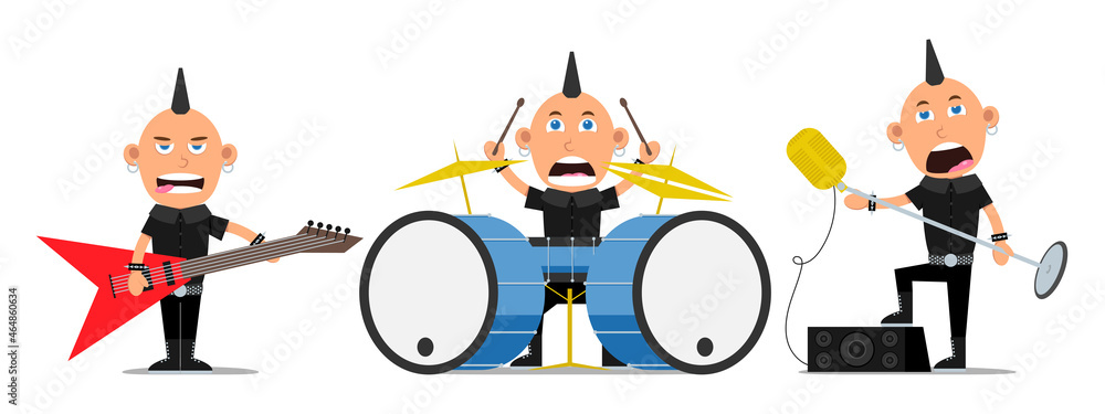 Punk rock group stars . Rocker drummer, man with electric guitar ...