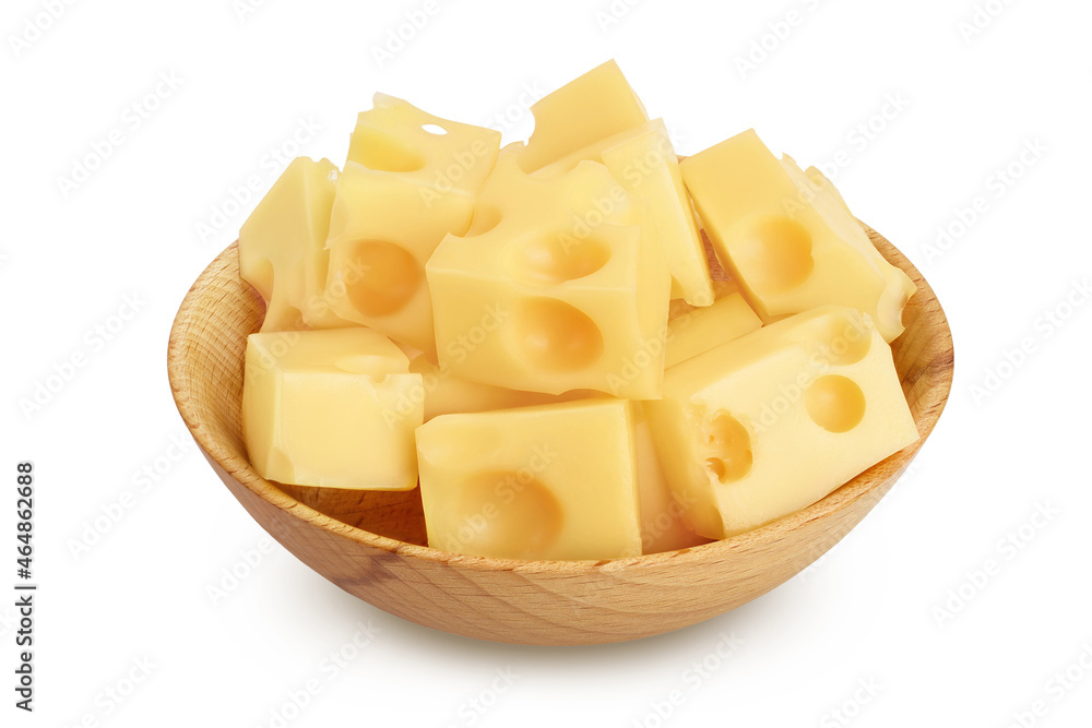 cubes of cheese in wooden bowl isolated on white background with ...
