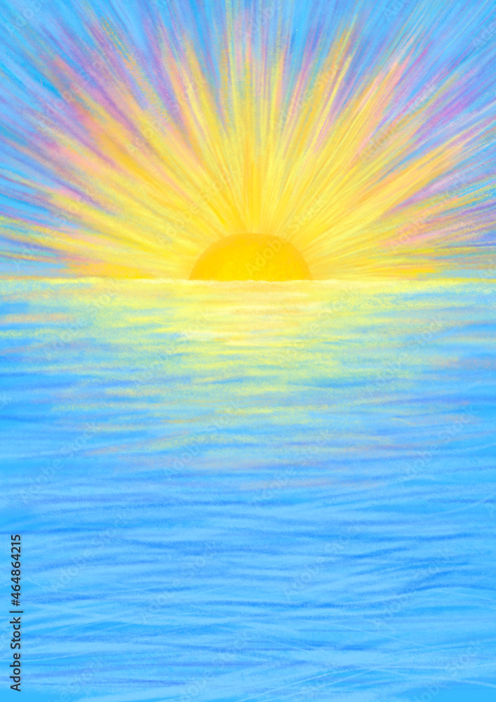 Sunrise. A colorful illustration for children. The picture is drawn ...