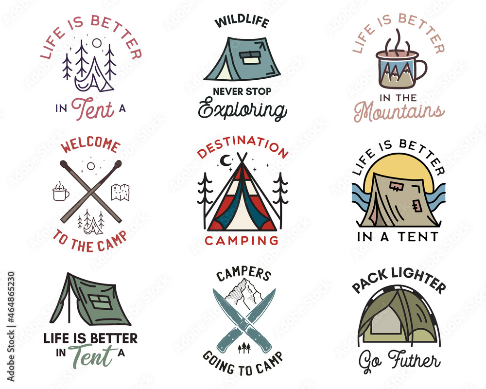 Camping adventure badges logos set, Vintage travel emblems. Hand drawn ...