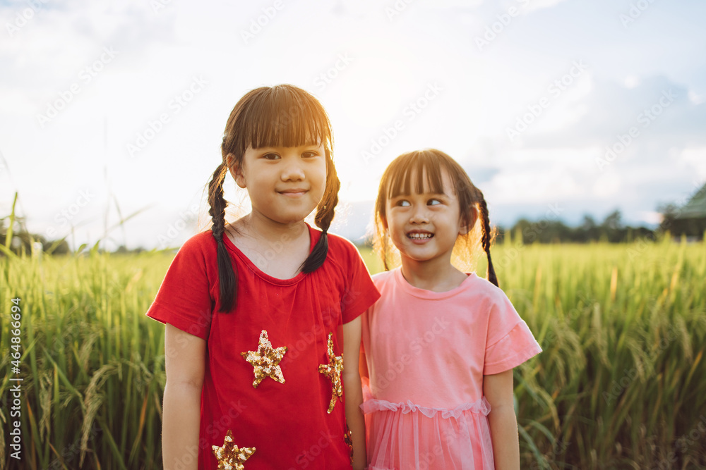 People portrait of sisters 6 year old Asian sibling kids at the rice ...
