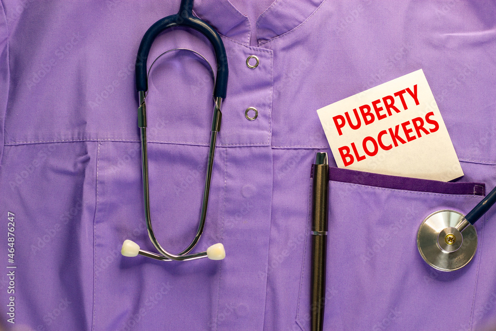 Medical and puberty blockers symbol. Medical uniform, white card with ...