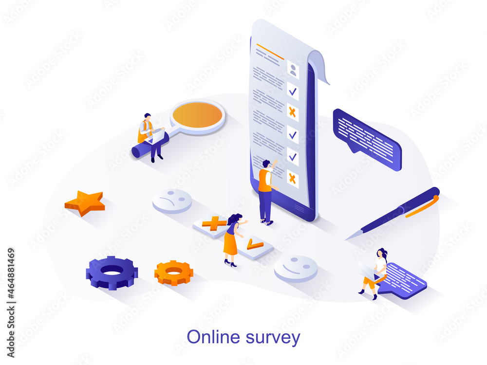 Online survey isometric web concept. People tick answers in opinion ...
