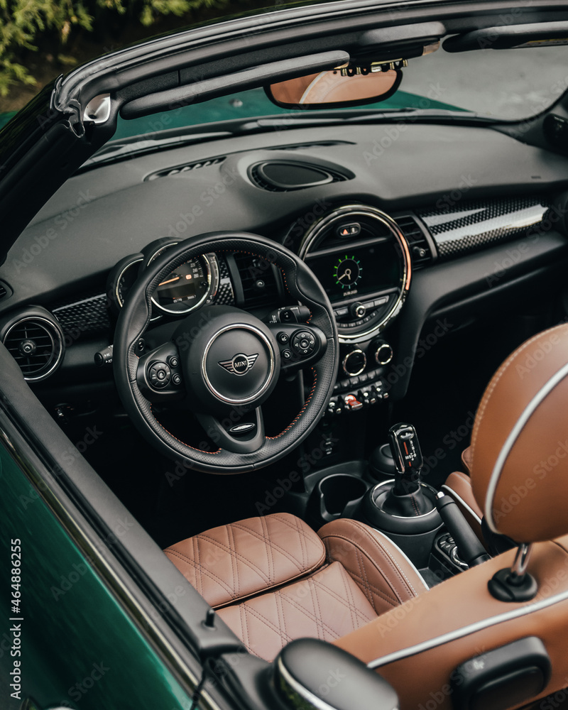 MINI Cooper S Convertible in british green racing interior view cockpit ...
