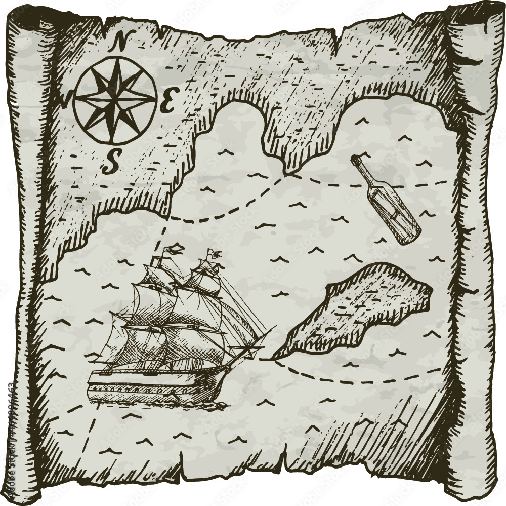 Hand drawn sailing map with ark and message in a bottle. Stock Vector ...