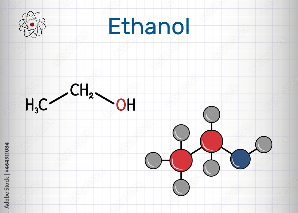 Ethanol, C2H5OH molecule. It is a primary alcohol, an alkyl alcohol ...