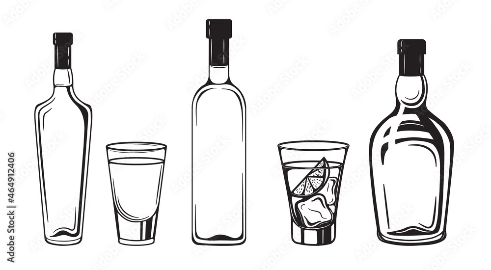 alcohol drinks bottles engraving vector set. Vodka, whiskey and cognac ...