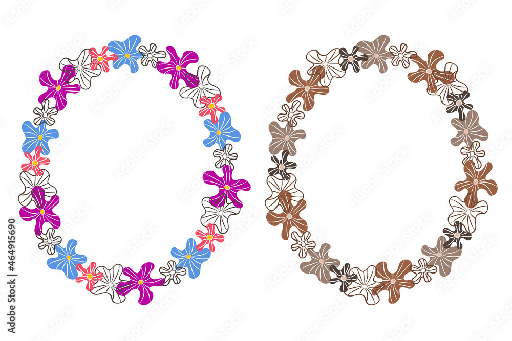 Cute wreath template set. Floral ellipse frame. Hand-drawn ink brush ...