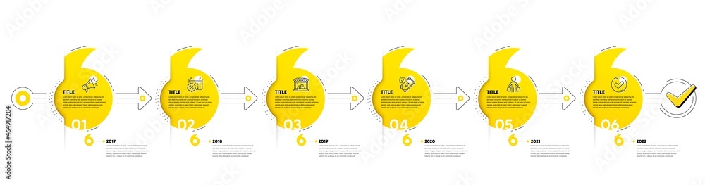 Trade Infographic timeline with 6 steps. Quotes bookmarks journey ...