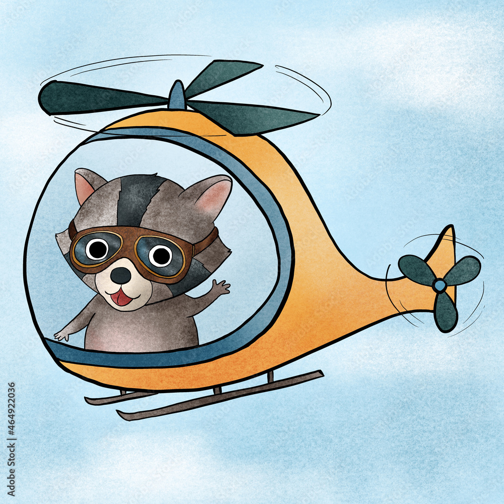 Nice funny friend of kids raccoon pilot in cute yellow helicopter ...