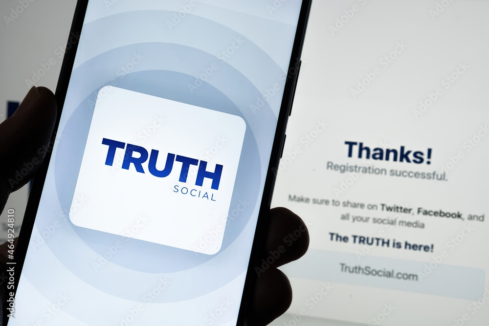 Truth Social app logo seen on the smartphone and registration form on ...