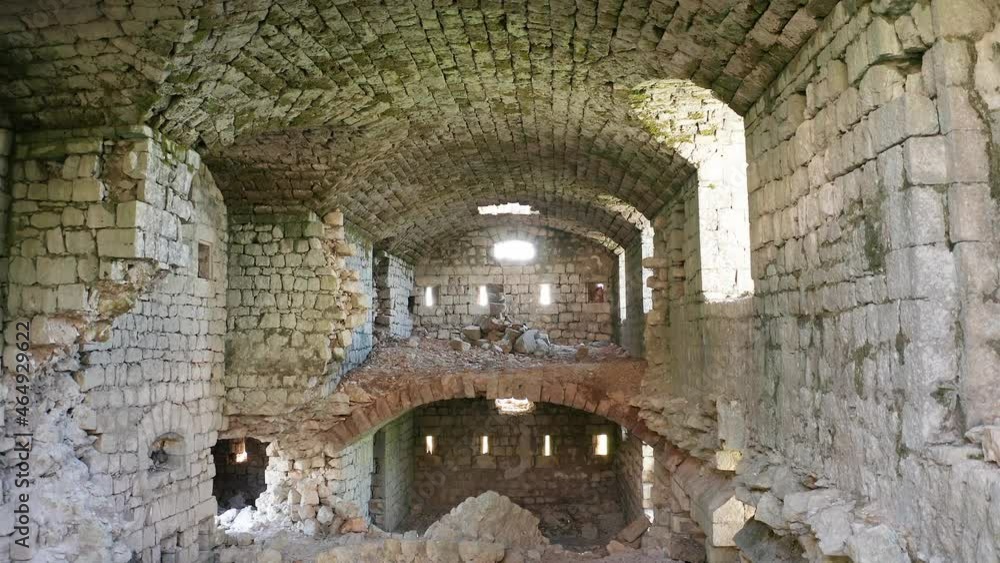 Medieval castle interior - ruin of old derelict stone fortress with ...