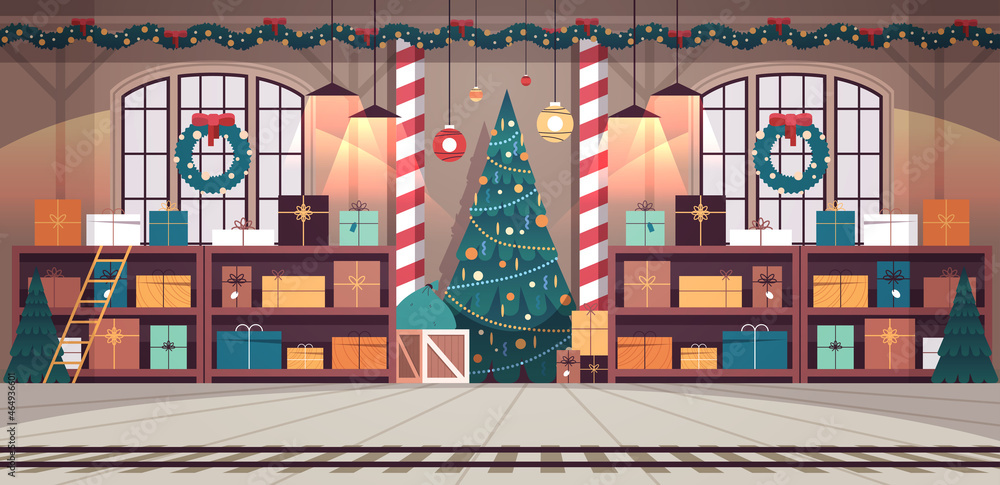 no people santa claus factory with gifts and decorated christmas tree ...