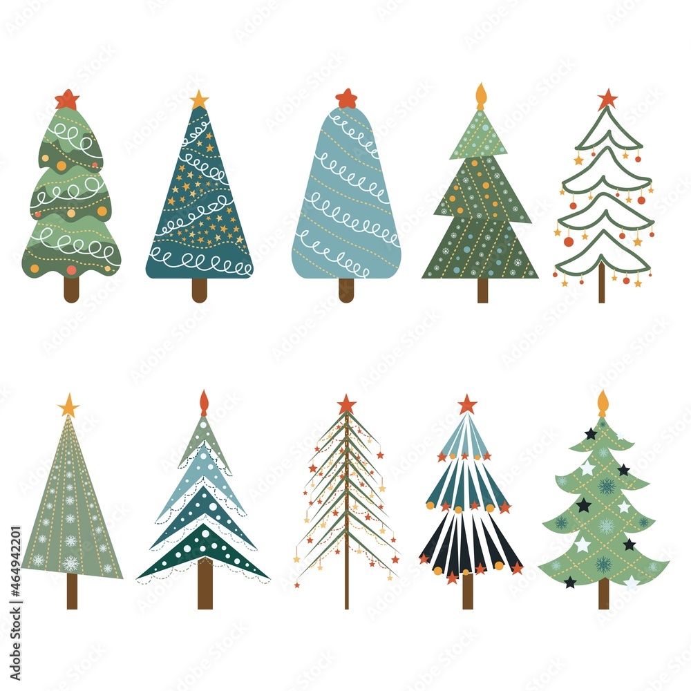 Christmas trees. Set of clipart elements. Flat vector illustration ...
