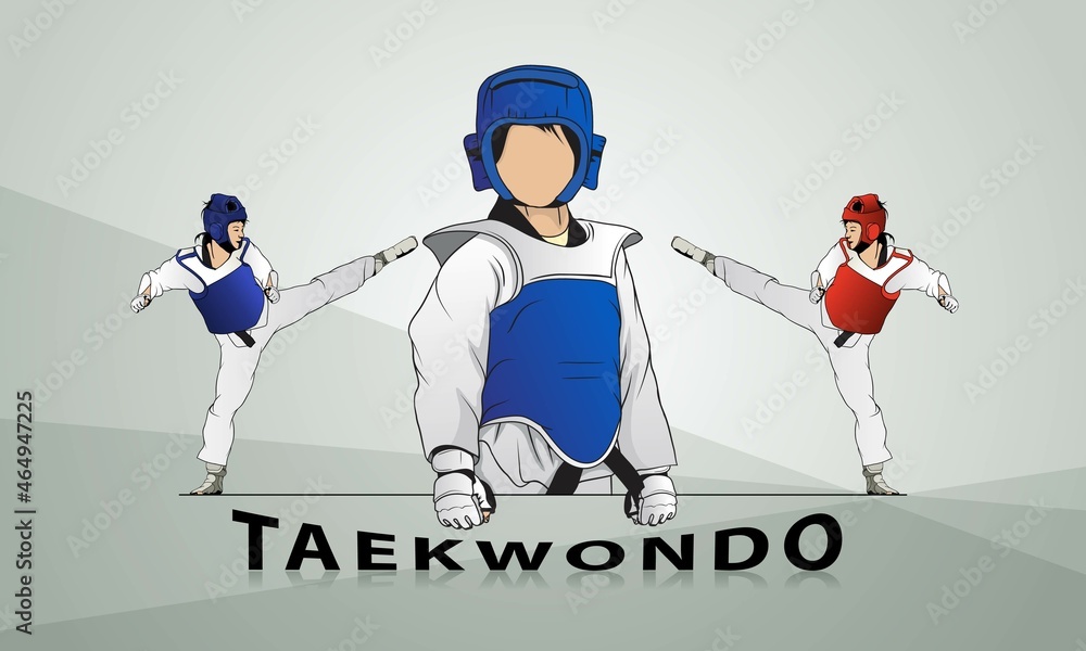 A woman in a kimono and a protective suit is engaged in taekwondo. The ...