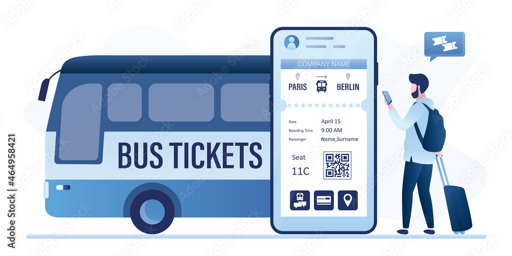 Mobile application for buying tickets online. Male user booking bus ...