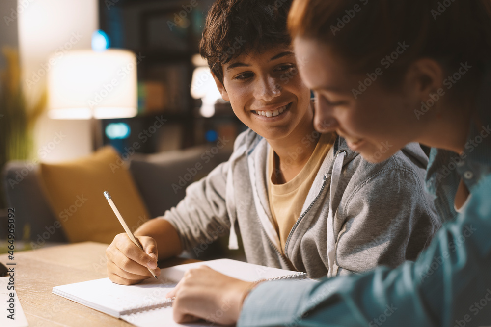 Students doing homework together at home Stock Photo | Adobe Stock