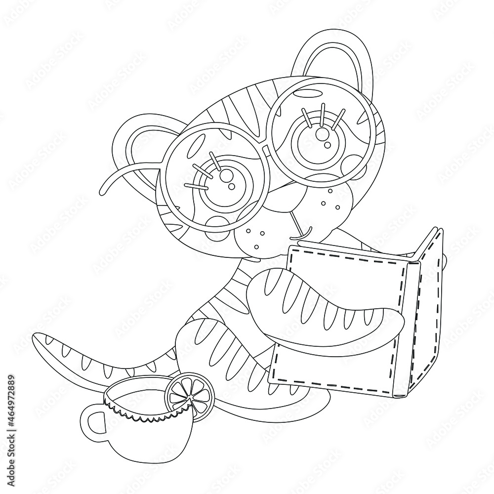 Coloring Page Of Book For Kids Vector Cute Linear Tiger Cub Reading A 
