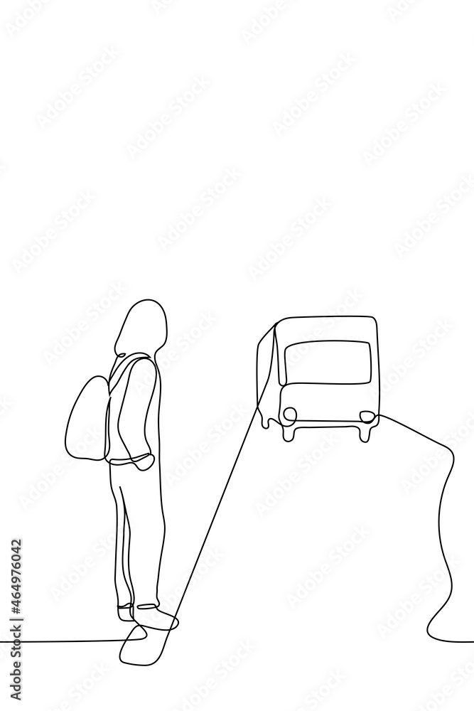 man is waiting for the bus - one line drawing. man in a hoodie with a ...