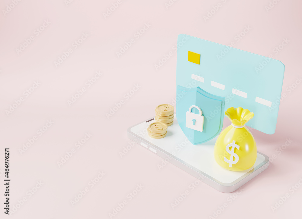 Secure mobile banking with credit card and lock shaped icon on pink ...