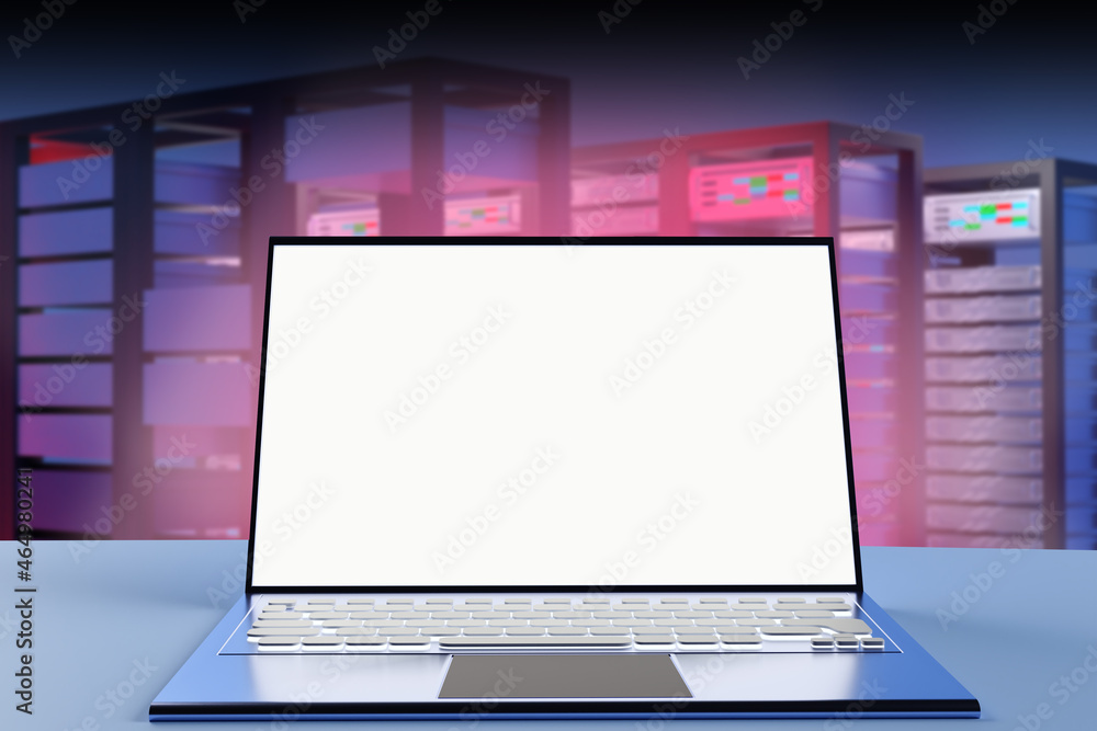 Laptop in server room. Laptop mockup. Computer in data center. Notebook ...