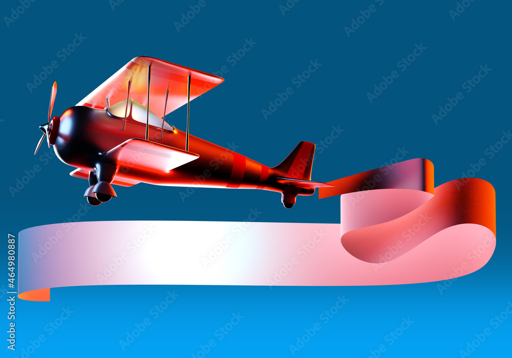 Airplane with ribbon behind. Red biplane on turquoise background. Red ...