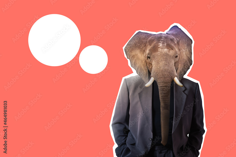 Elephant with a human body on red background. Collage on theme of human ...