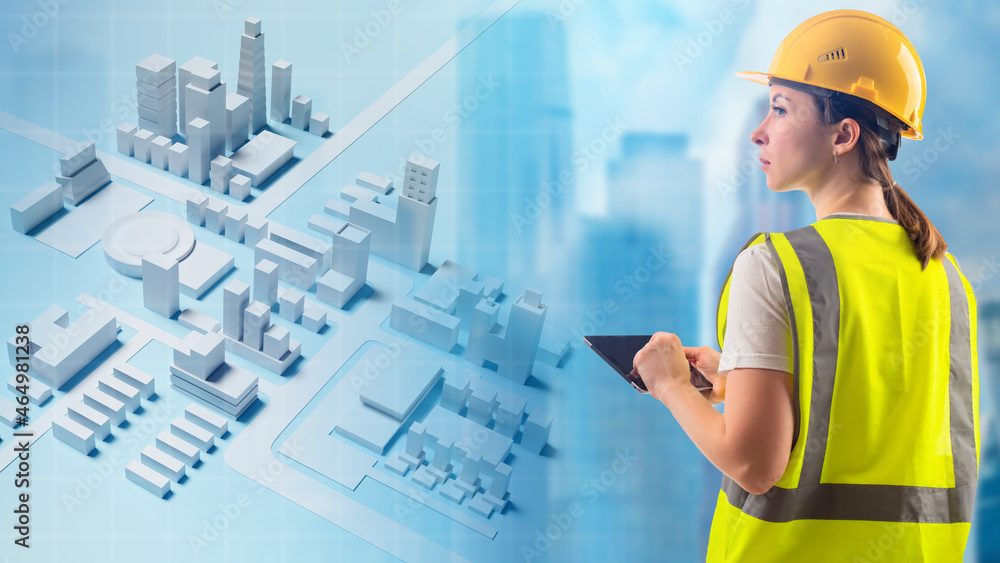 architect is working. Architect woman holding tablet. Girl planner near ...