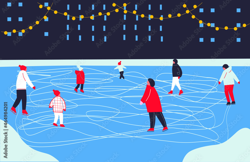 People skate on the ice rink in the winter evening. Panorama of winter ...