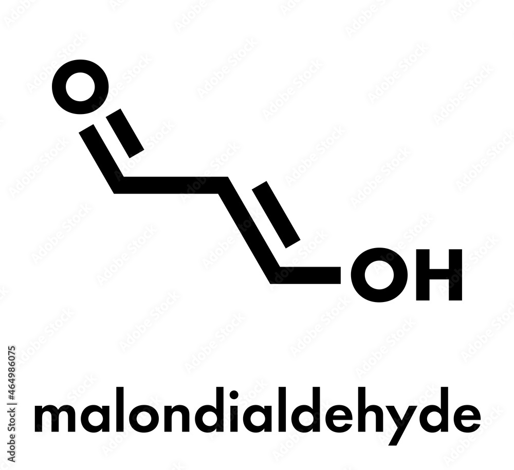 Malondialdehyde (MDA, enol form) molecule. Marker of oxidative stress ...