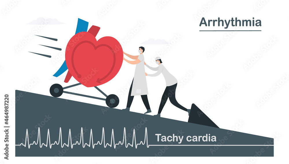 Vetor de Doctor and medical assistant push heart that flows down ...